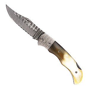 YOUSUNLONG Folding Knife - Overall 176mm - Japanese Damascus Steel Blade - Natural Bull Horn Handle with Leather sheath and natural walnut wooden knife box for camping hiking fishing