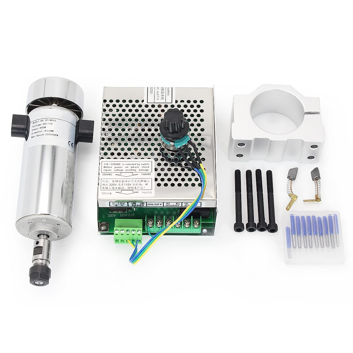 RATTMMOTOR 800W Spindle Motor Kit, 0.8KW 110V ER11 20000RPM 0.79NM Air Cooled DC Spindle Motor+Mach3 Fuction Motor Speed Controller Power Supply Converter AC110V/220V+52mm Mount Clamp for CNC Machine