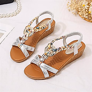 Sandals Women Wide Width Ladies Fashion Bohemian Summer Leather Knitted Rhinestone Decoration Slope Heel Sandals (Silver, 9)