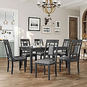 Woanke Table & Chair 7 Piece Dining, Extendable 6 Upholstered Chairs, Breakfast Nook Table Set for Restaurant, Living Room, Kitchen Area, 3-Gray