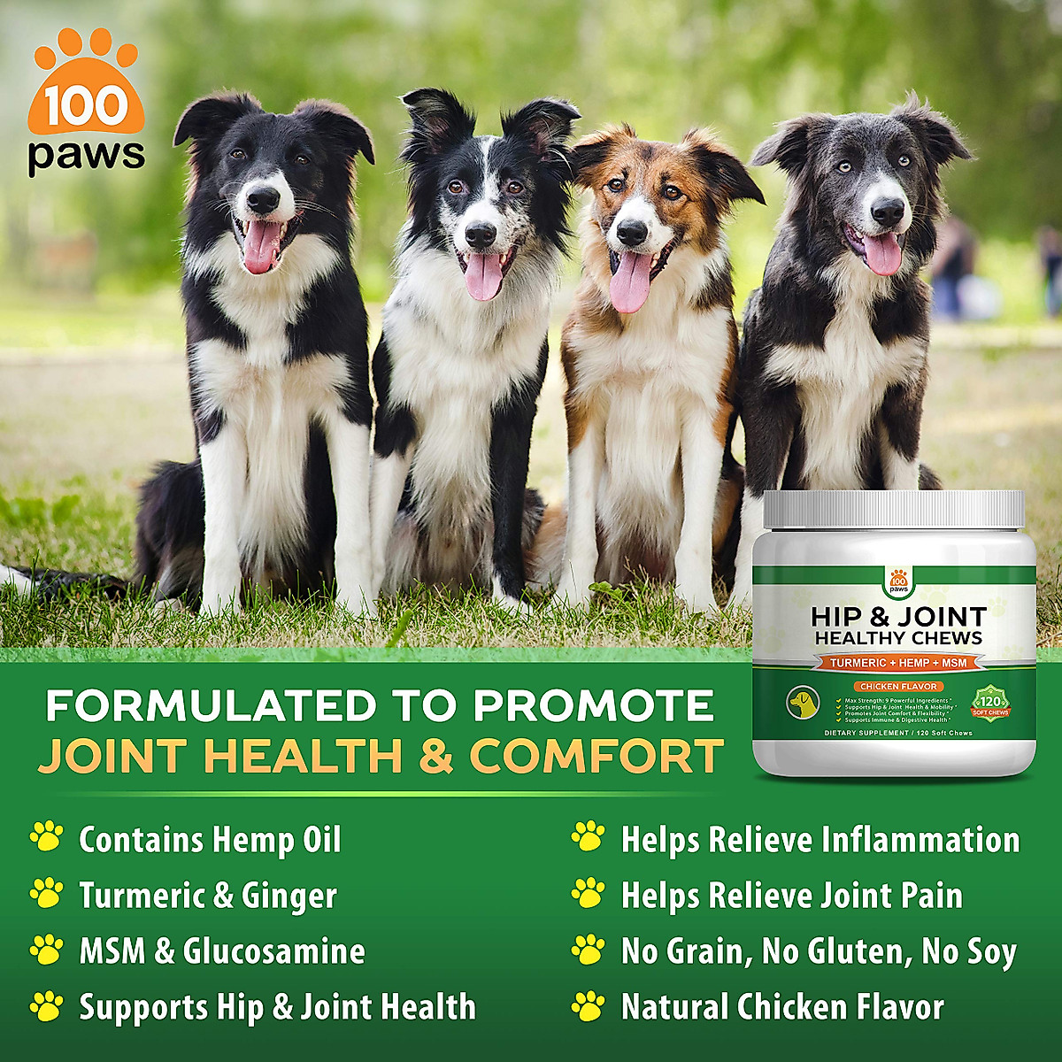 100 Paws Hip & Joint Supplement for Dogs - Hemp Oil Infused Soft Chews Dog Treats w/Glucosamine, Turmeric, Chondroitin, MSM & Omega 3 6 9 -Supports Pet Mobility & Pain Relief-120 Treat Bites