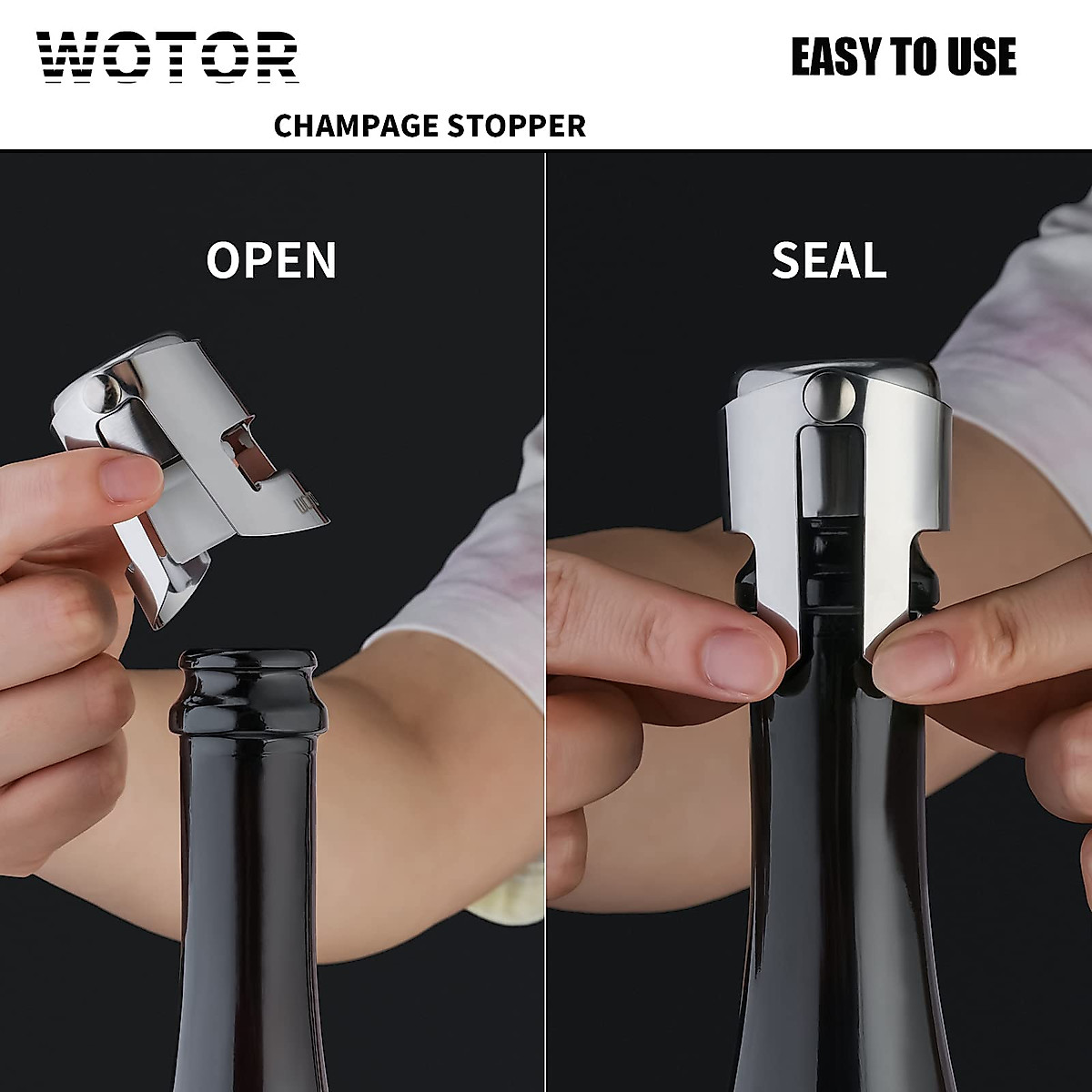 WOTOR 3 Pack Champagne Stoppers with Stainless Steel Champagne Bottle Stoppers with Food Grade Silicone Reusable Champagne Cork, Saver Suitable for Champagne, Cava, Prosecco and Sparkling Wine（Silver）