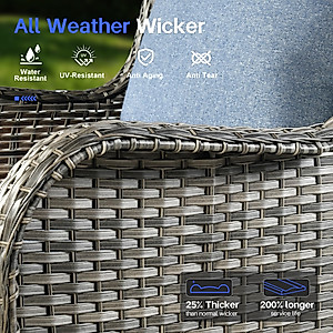 XIZZI Patio Furniture Sets Outdoor Swivel Rocking Chairs with 50,000 BTU Propane Fire Pit Table 7 Pieces All Weather PE Wicker Conversation Sofa and Matching Side Table,Grey Wicker Denim Blue