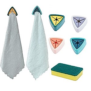 PJMNYFR 4 Pack Kitchen Towel Hooks+1Pack Sponge Cleaning Brush, Self Adhesive Wall Mount Push in Hook, Rag Dish Cloths Holders for Home Cabinet Bathroom, Blue,Green,White, 1.97IN×1.97IN×0.87IN