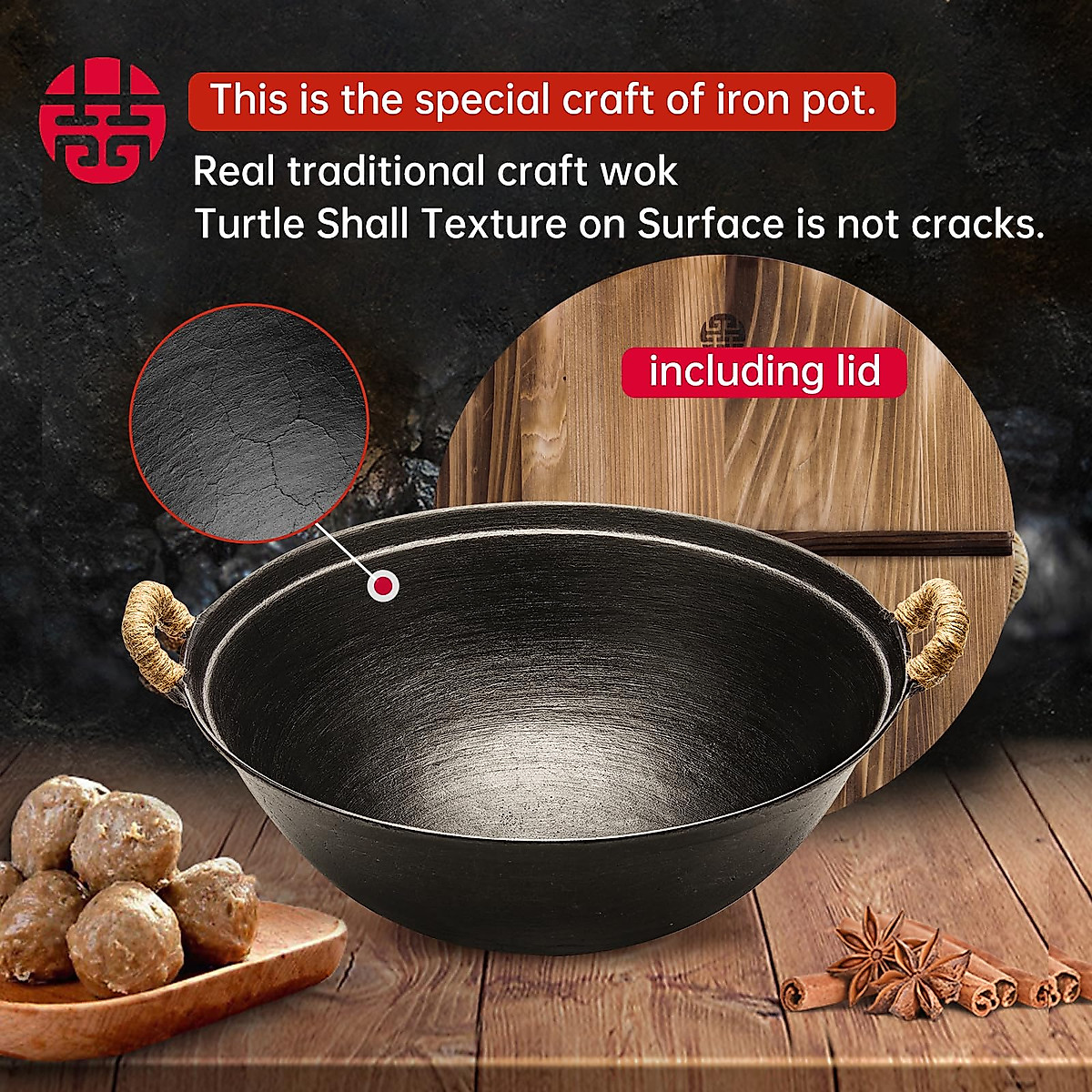 WANGYUANJI Handmade Cast Iron Wok 11.8",Small Round Bottom Wok for 1 Person with Dual Handle,Suitable for Gas Stoves,Uncoated Chinese Traditional wok with Round-bottom Woks
