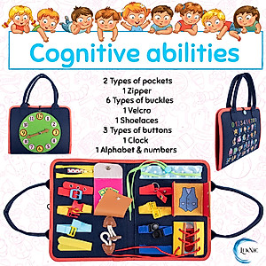 LukNic Busy Board Montessori and Sensory for Toddlers Toys for Children Learning Tool for Kids Portable Blue Felt Bag with Zipper Clock Activiti Kit