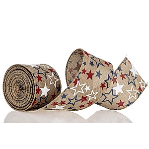 Red White Blue Stars Pattern Wired Edge Burlap Ribbon, 10 Yards by 2.5 Inches (Style 3)