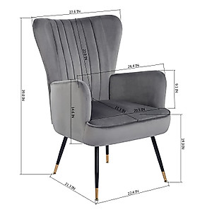 FurniutreR Accent, Modern and Elegant Armchair, Velvet Fabric Metal Black Gold Legs and High Back for Living Bedroom Office Waiting Room Leisure Chair, Grey