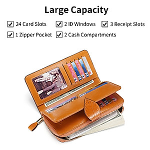 Yafeige Large Luxury Women's RFID Blocking Tri-fold Leather Wallet Zipper Ladies Clutch Purse(1-Waxed Brown)