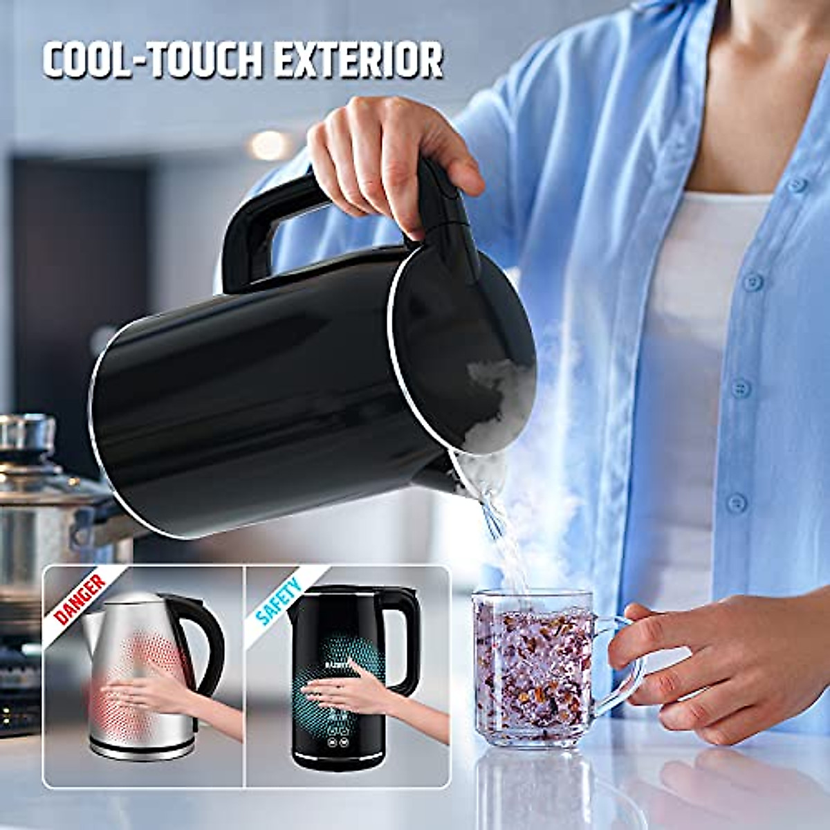 Razorri Electric Kettle 1-Click Control LED Digital Display, 1.7 Liter BPA-Free, Stainless Steel Double Insulated Wall, Boil Dry Protection, Keeps Warm for Tea Coffee, Cool to Touch, Cordless, Black