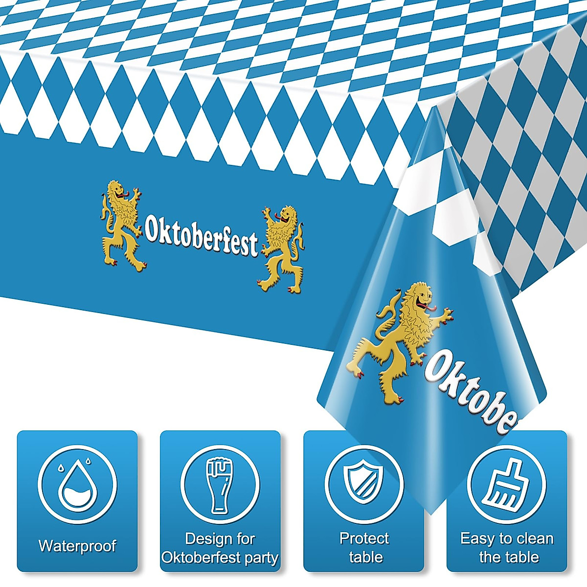 3 Pack Bavarian Oktoberfest Disposable Tablecloth Decorations, Plastic Rectangle Blue and White Bavarian Flag Check Table Cover, Oktoberfest Decorations Party Table Cloth Backdrop Supplies, 54×108Inch