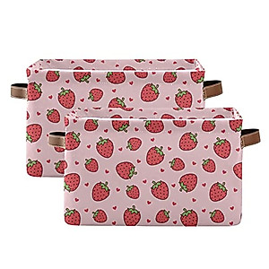 ALAZA Pink Love Heart Strawberry Large Storage Basket with Handles Foldable Decorative 1 Pack Storage Bin Box for Organizing Living Room Shelves Office Closet Clothes