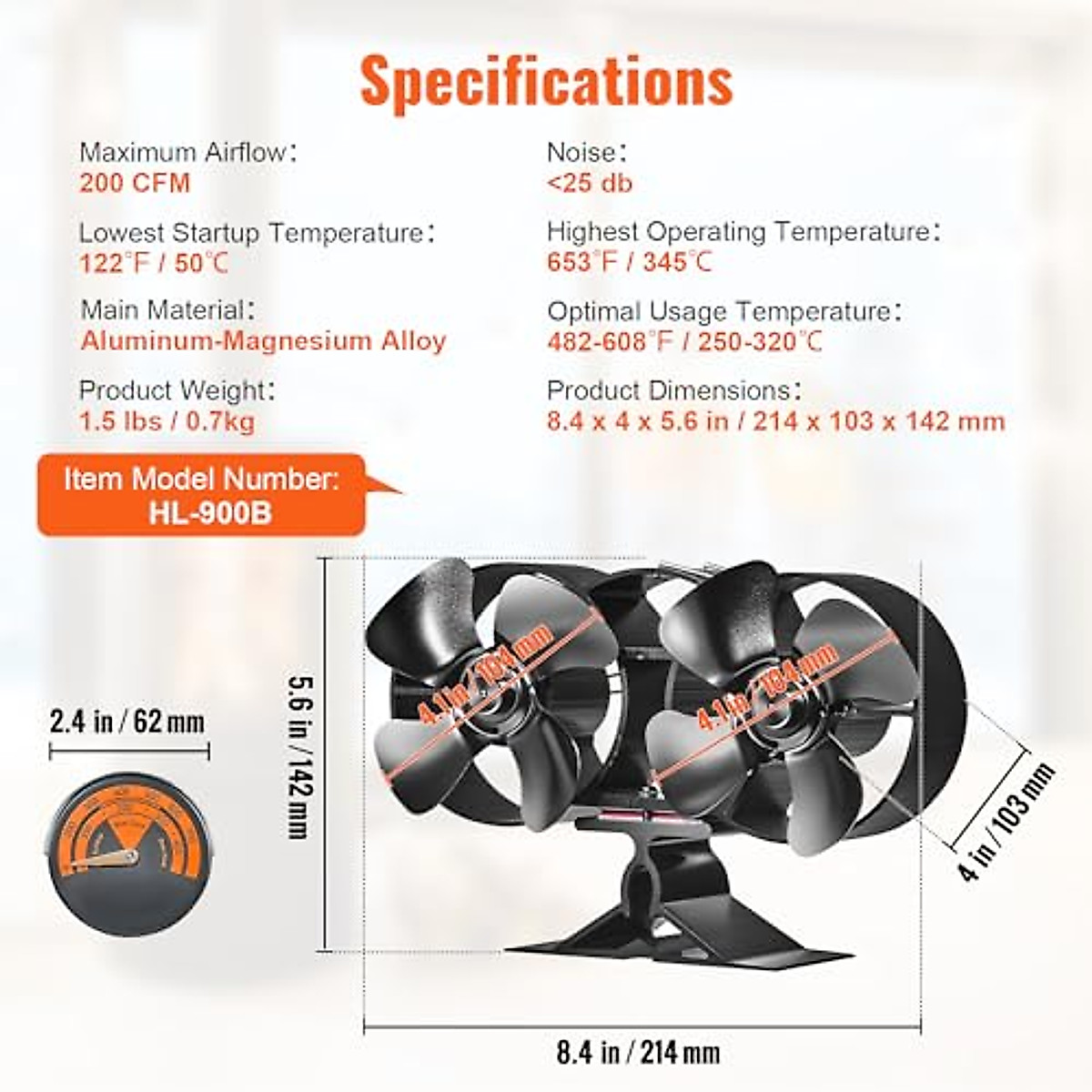 VEVOR Wood Stove Fan Heat Powered, 8 Blades Fireplace Fan Non-Electric, Quiet Thermoelectric Fan for Wood Burning Stove/Pellet/Log Burner, (with Accessories Magnetic Thermometer), Dual Motors