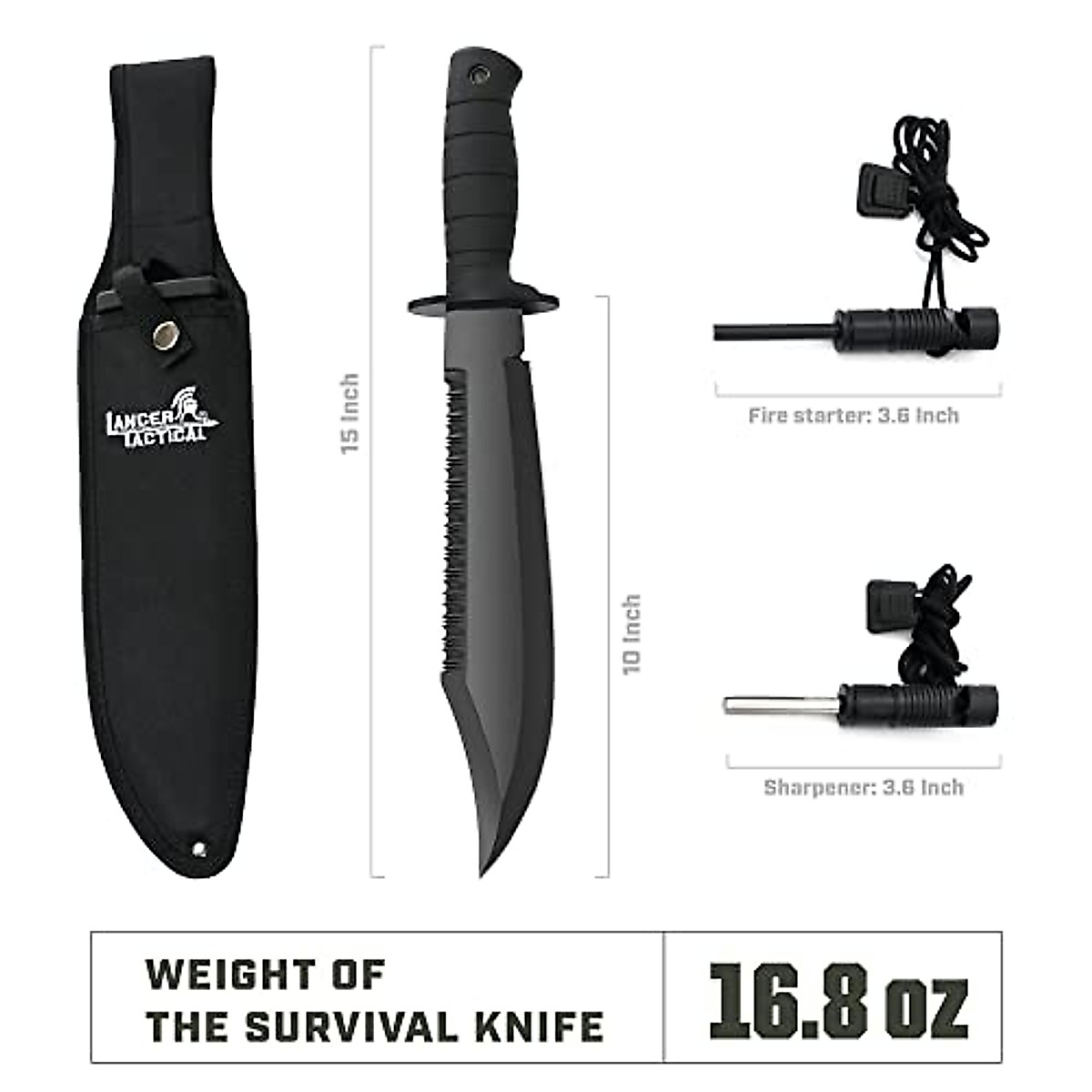 LANCERGEAR Survival Hunting Knife with Sheath, 15" Stainless Steel Fixed Blade, Black Rubber Non-slip Handle, Suitable for Camping, Hunting and Adventure, Cool Knife Gift for Men