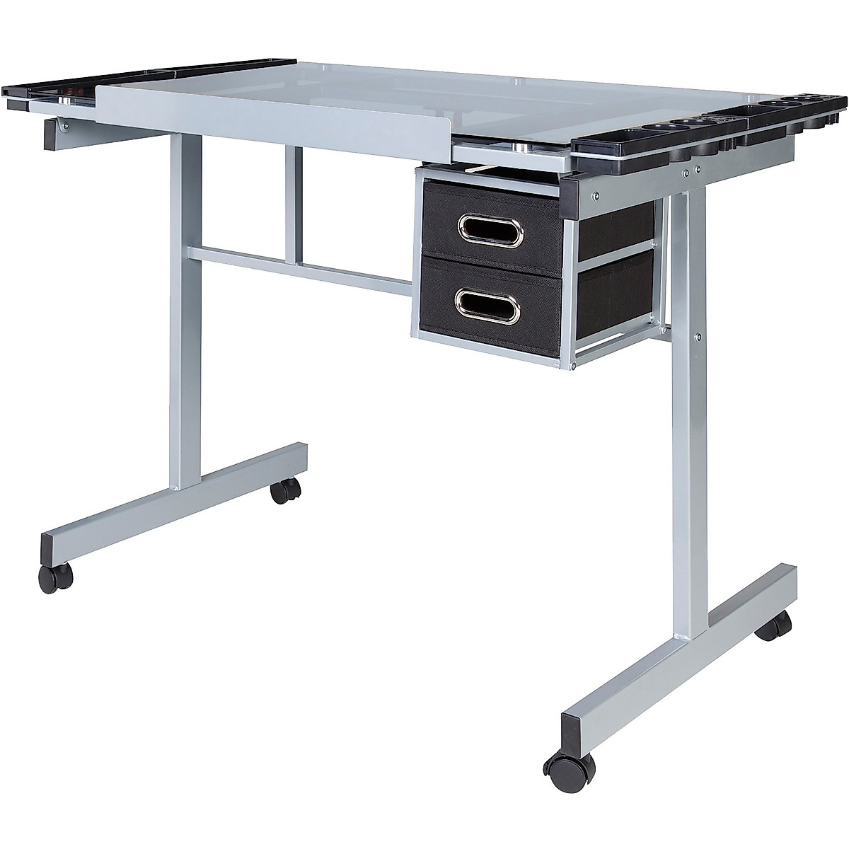 OneSpace Craft Station with Blue Glass Drafting, Silver