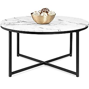 Best Choice Products 36in Faux Marble Accent Table, Modern End Table, Large Coffee Table Home Decor for Living Room, Dining Room, Tea, Coffee w/Metal Frame, Foot Caps, Designer - White/Black
