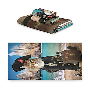 Flradish Pirate Captain Cat Towels 3 Pack Bath Towels for Bathroom Set Soft Cotton Highly Absorbent Lightweight & Quickdry Towel Set 1 Bath Towel,1 Hand Towel,1 Washclothe