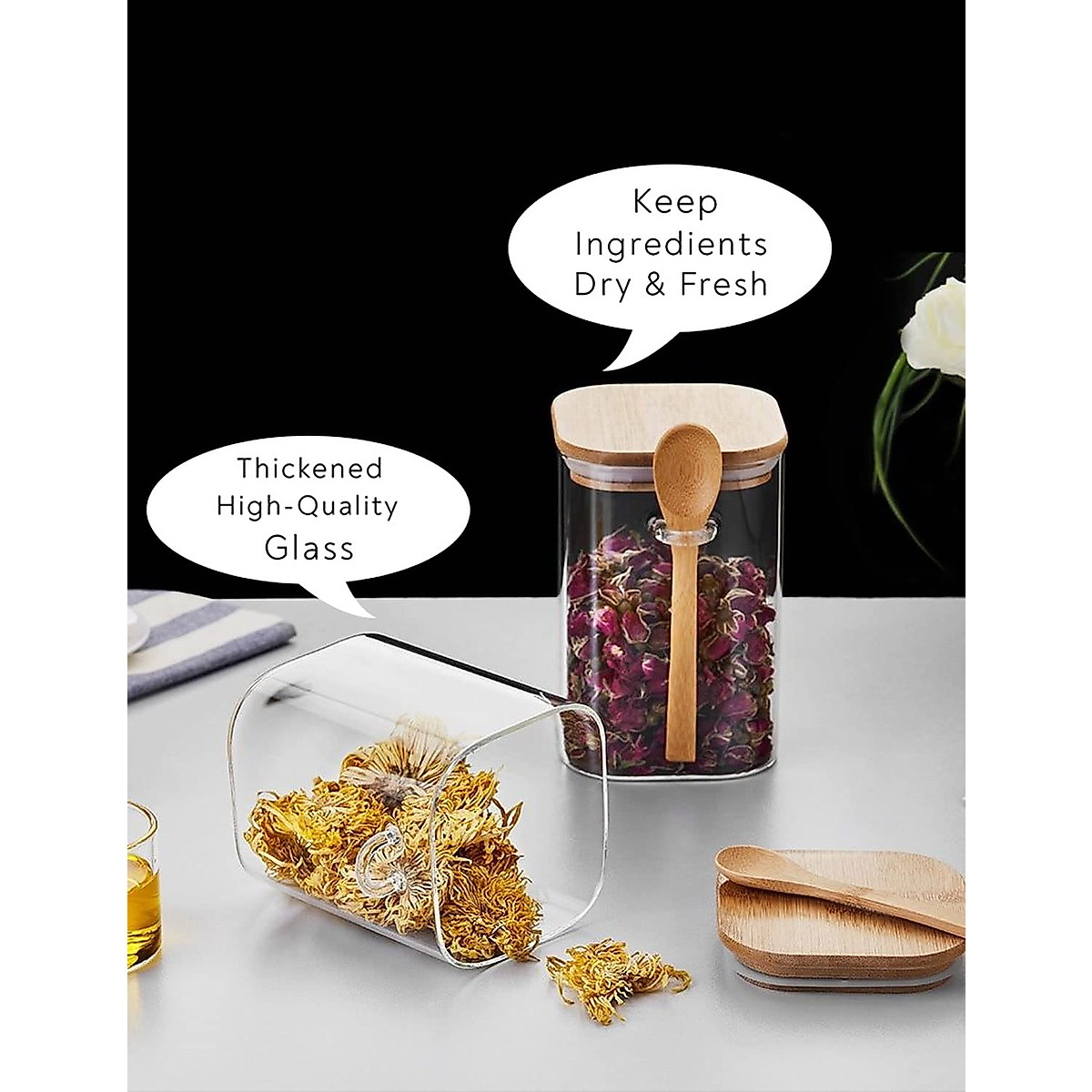 NEPIVEL 4 Pack Glass Jars with Bamboo Lids, 18.5Oz Containers Airtight Lid and Spoons,100% Sealed Spice for Candy Coffee Beans Sugar Nuts Cookies,540ml