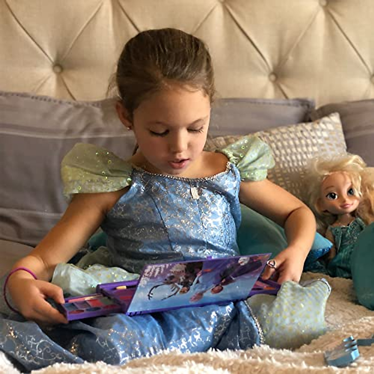 Disney Frozen Elsa Anna Cosmetic Compact Set with Mirror 22 Lip glosses, 4 Body Shines, 6 Brushes Colorful Portable Foldable Washable Makeup Beauty Kit Box Set for Girls Kids Toddler