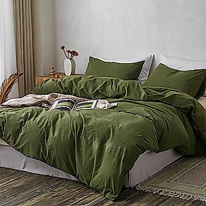 TOCOMOA Duvet Cover Set Queen Size, 100% Washed Cotton Like Linen Textured, 3 Piece Olive Green Bedding Set Soft Breathable, Ideal for Sweating Groups, Simple Style Farmhouse Comforter Cover