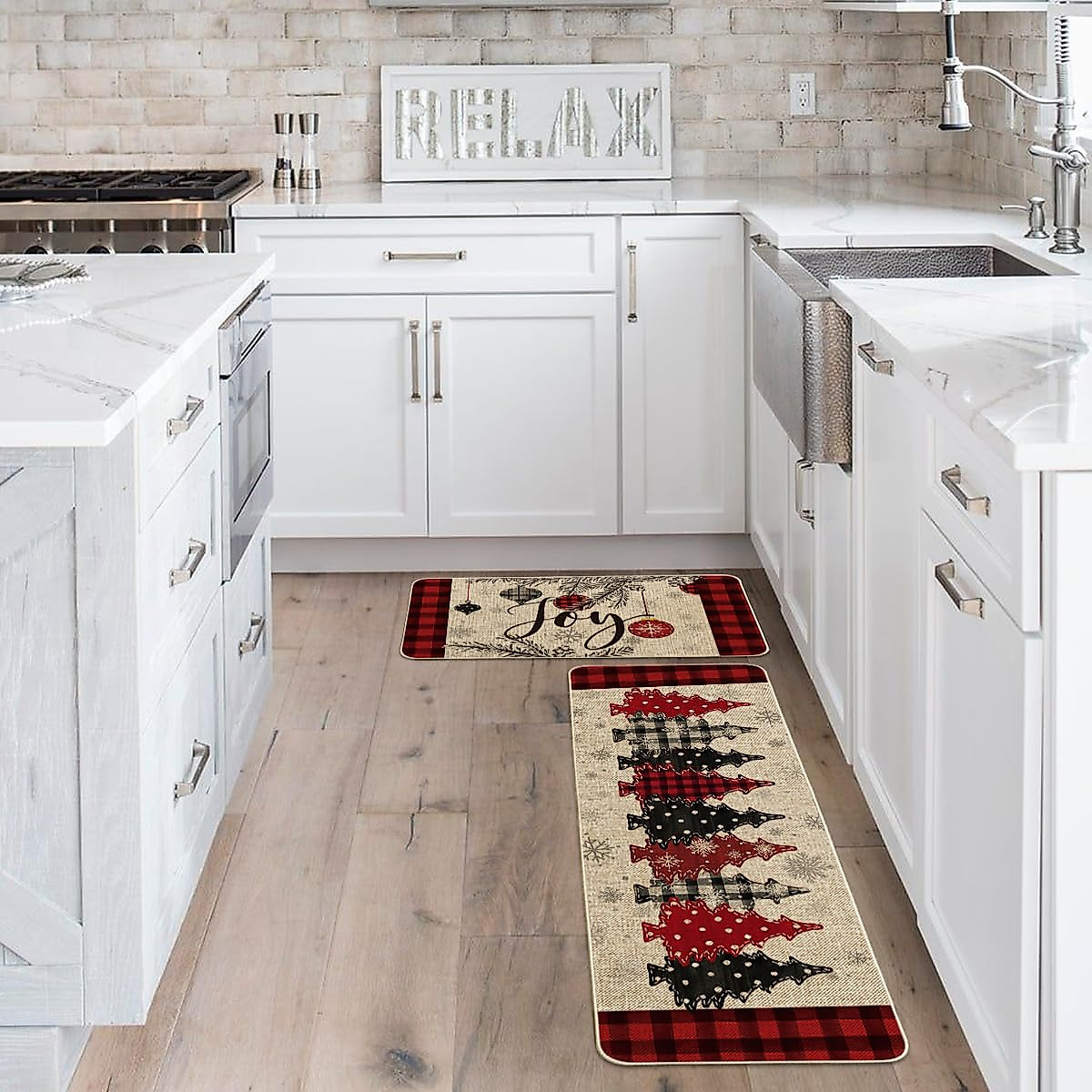 Artoid Mode Red Xmas Trees Ball Joy Snowflakes Christmas Kitchen Mats Set of 2, Winter Decor Low-Profile Kitchen Rugs for Floor - 17x29 and 17x47 Inch