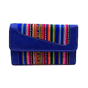 Mia Jewel Shop Multicolored Tribal Striped Print Leather Trifold Wallet ID Window Card Slots - Womens Fashion Handmade Bags Boho Travel Accessories (Blue)