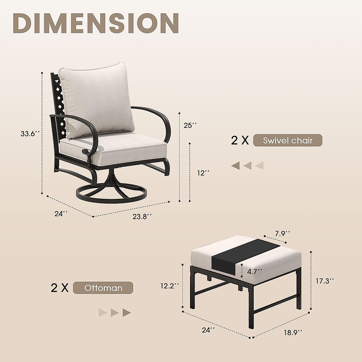 VICLLAX 4 Pieces Patio Furniture Set, Outdoor Conversation Set of Patio Swivel Chairs with Ottomans for Front Porch Balcony Poolside, Garden