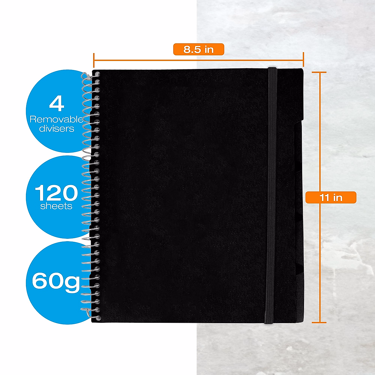 Confetti Spiral Notebook - Hole Punched - 4 Removable Dividers, Spill Proof Cover, Closing Elastic Band, Storage Pocket - Sturdy Bound Notepad, School & Office Supplies - 120 Sheets - Black