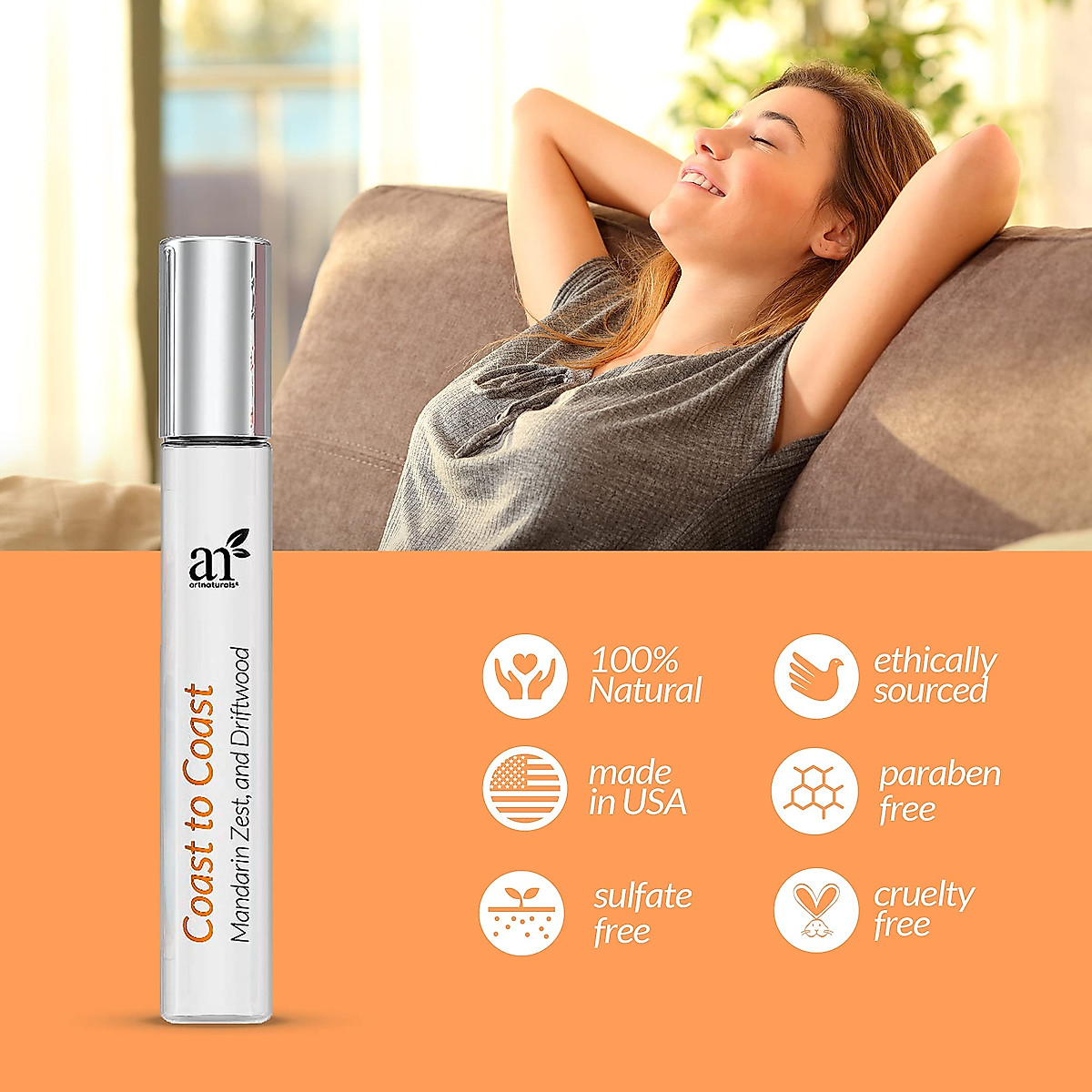 Artnaturals Coast to Coast - Roll On Perfume - Rollerball Fragrance - Mandarin Zest & Driftwood Scent - .33 oz