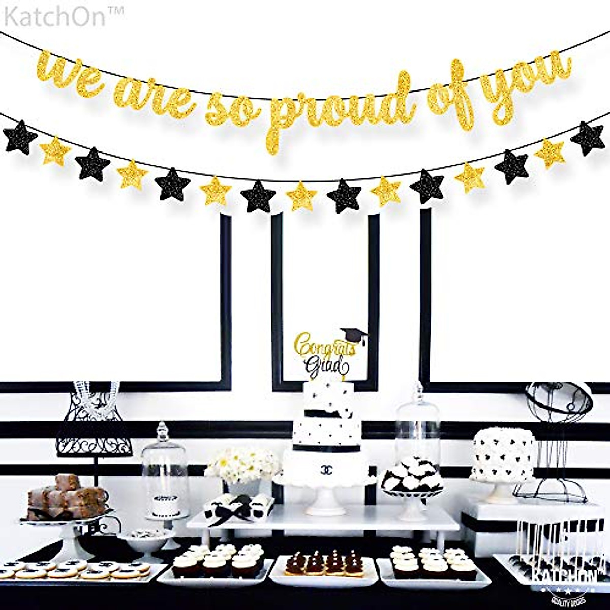 We Are So Proud Of You Banner, Glitter - Big 10 Feet with Star Garland | Graduation Banner, Graduation Decorations 2023 | Black and Gold Graduation Party Decorations 2023 | Congratulations Decorations