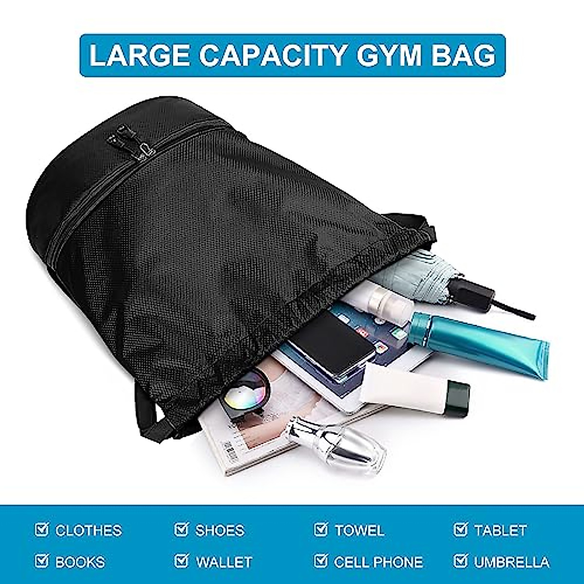 Qoosea Drawstring Backpack Sports Gym Bag with Shoe Compartment Water Resistant Drawstring Sackpack for Women Men (Black)