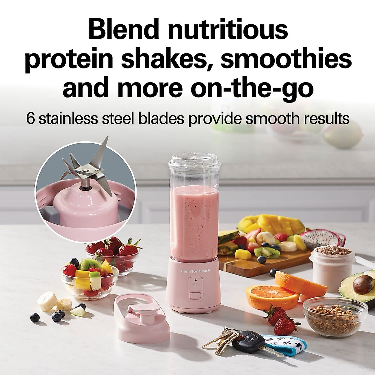 Hamilton Beach Mini Cordless Portable Personal Blender for Shakes and Smoothies, USB Rechargeable, 16 oz. Jar with Leakproof Travel Lid, 6 Stainless Steel Blades, Pink (51181)