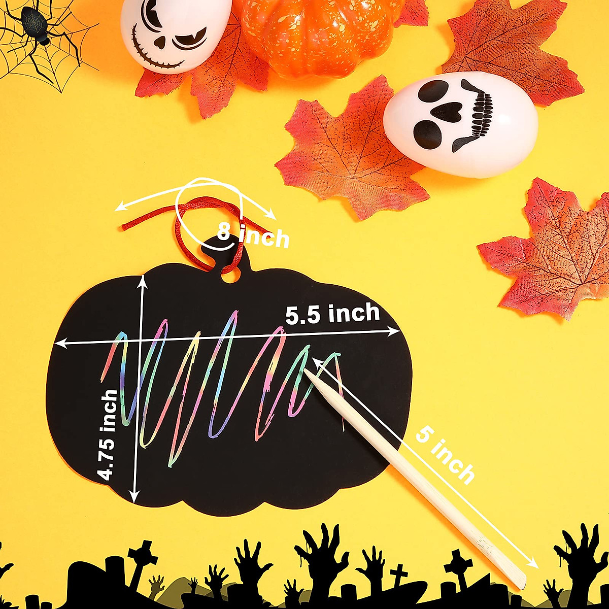 Outus 96 Pieces Halloween Scratch Paper, Halloween Pumpkins Crafts with Rainbow Colors, Halloween Pumpkins Art Paper Crafts Kit, Pumpkin Ornaments