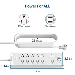 25 Ft Extension Cord Flat Plug Bundle, NTONPOWER 2100 Joules Surge Protector Power Strip with 12 Outlets 3 USB 25 Ft Extension Cord, Power Strip with 25 ft Long Cord 6 Outlets 4 USB Ports
