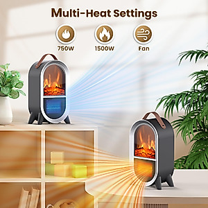 Riseon Small Space Heater for Indoor Use, 1500W/750W Portable Electric Fireplace Heater with 3D Flame, Ceramic Heater Fan with Thermostat Overheat & Tipover Protection for Home Office Room Desk, Black