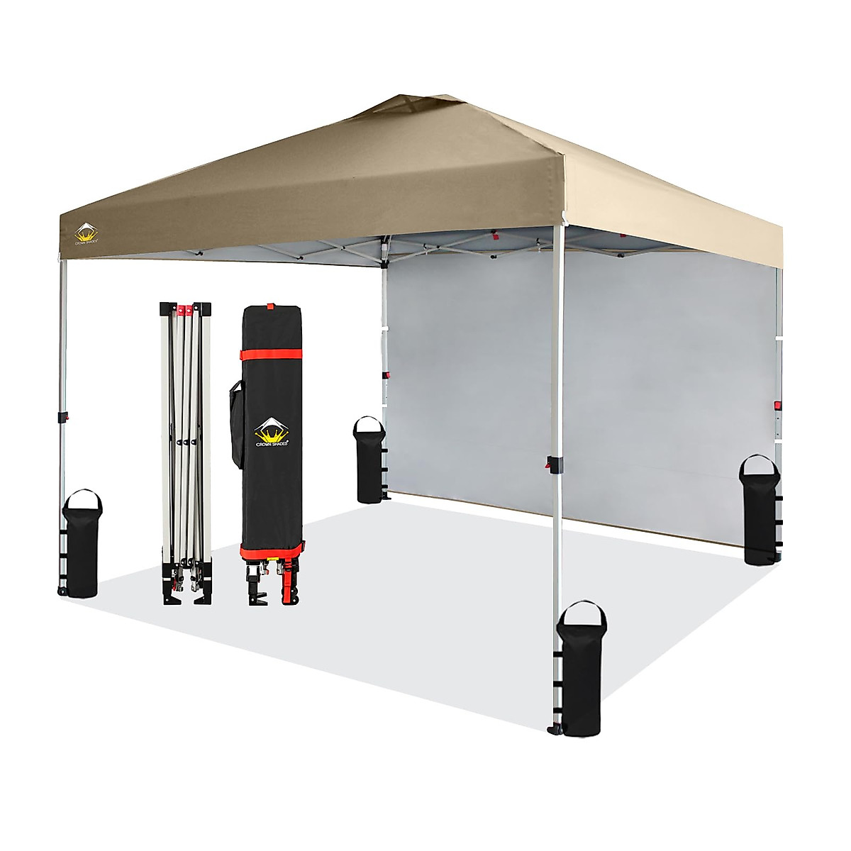 CROWN SHADES 10x10 Pop Up Canopy with 1 Side Wall - Beach Tent with One Push Setup - Outdoor Sun Shade for Events, Parties, Camping - Gazebo with STO-N-Go Cover Bag (Beige)