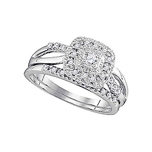 Size - 4.5 - Solid 10k White Gold Round White Diamond Bridal Solitaire Halo Engagement Ring with Matching Wedding Band (1/3 cttw)