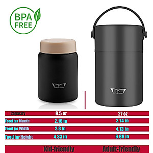 Mr.Dakai Thermal Soup Container for hot food, Insulated Lunch Container Hot Food Jar Stainless Steel Vacuum Bento Lunch Box with Folding Spoon/Bag for Office Picnic Travel Outdoors - 27oz Black