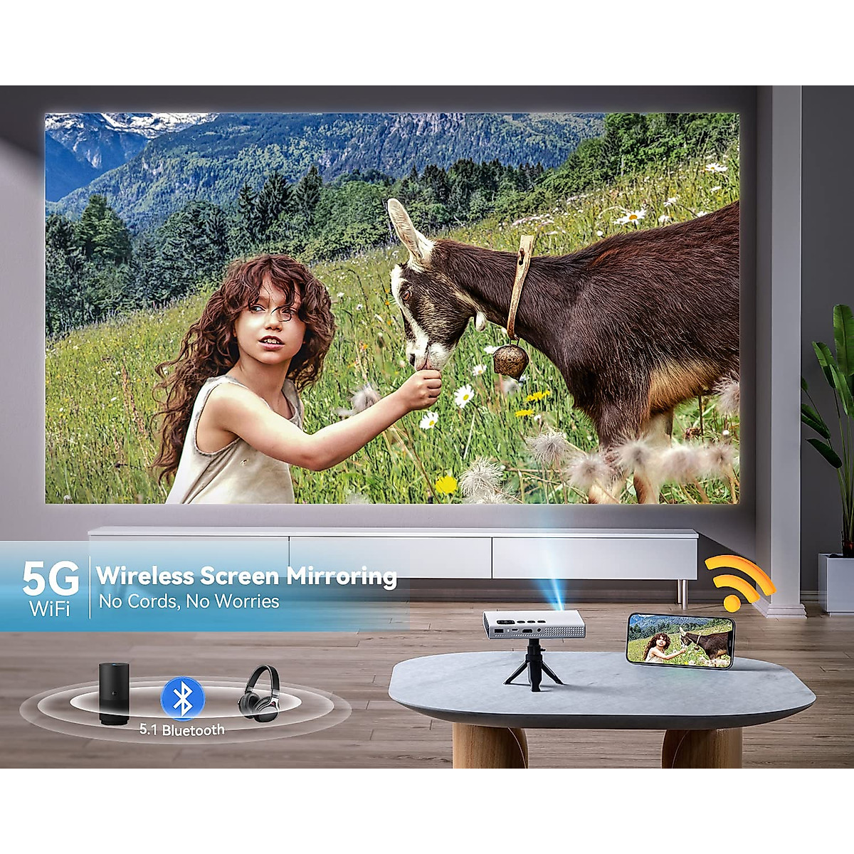 Mini Projector 4K, GooDee 1080P Support Pocket DLP Projector with WiFi and Bluetooth, Pico Portable Outdoor Movie Projector with Tripod&Bag, Video Rechargeable Battery Short Throw for iPhone/Android