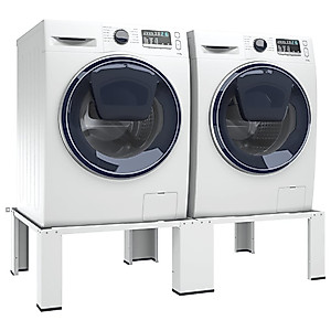 vidaXL Sturdy Steel Washing Machine Pedestal with Pull-Out Shelf, Universal Fit for Standard Machines, Floor Protection Rubberised Feet, White.