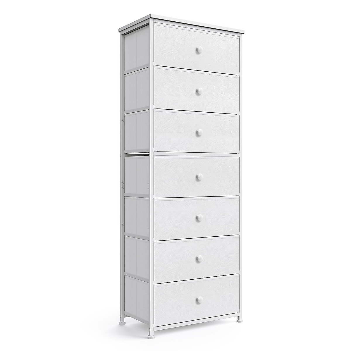 Tall Fabric Dresser for Bedroom, Vertical Storage Organizer Tower with 7 Drawers, Chest of Drawers with Bins, Steel Frame, Wood Top for Bedroom, Closet, Entryway White
