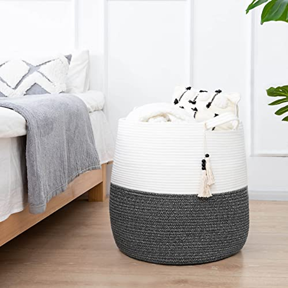 Goodpick Cute Round Storage Basket, Baby Nursery Hamper for Blankets, Clothes, Toys, Woven Rope Basket for Living Room, Decor, Toy Bin, Grey, 17.71 x 14.9 inches