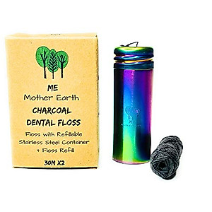 Vegan Biodegradable Bamboo Charcoal Dental Floss with Refillable Stainless Steel Rainbow Container | Extra Floss Refill | Natural Candelilla Wax | 33yds x2 | Peppermint | Eco Zero Waste Oral Care