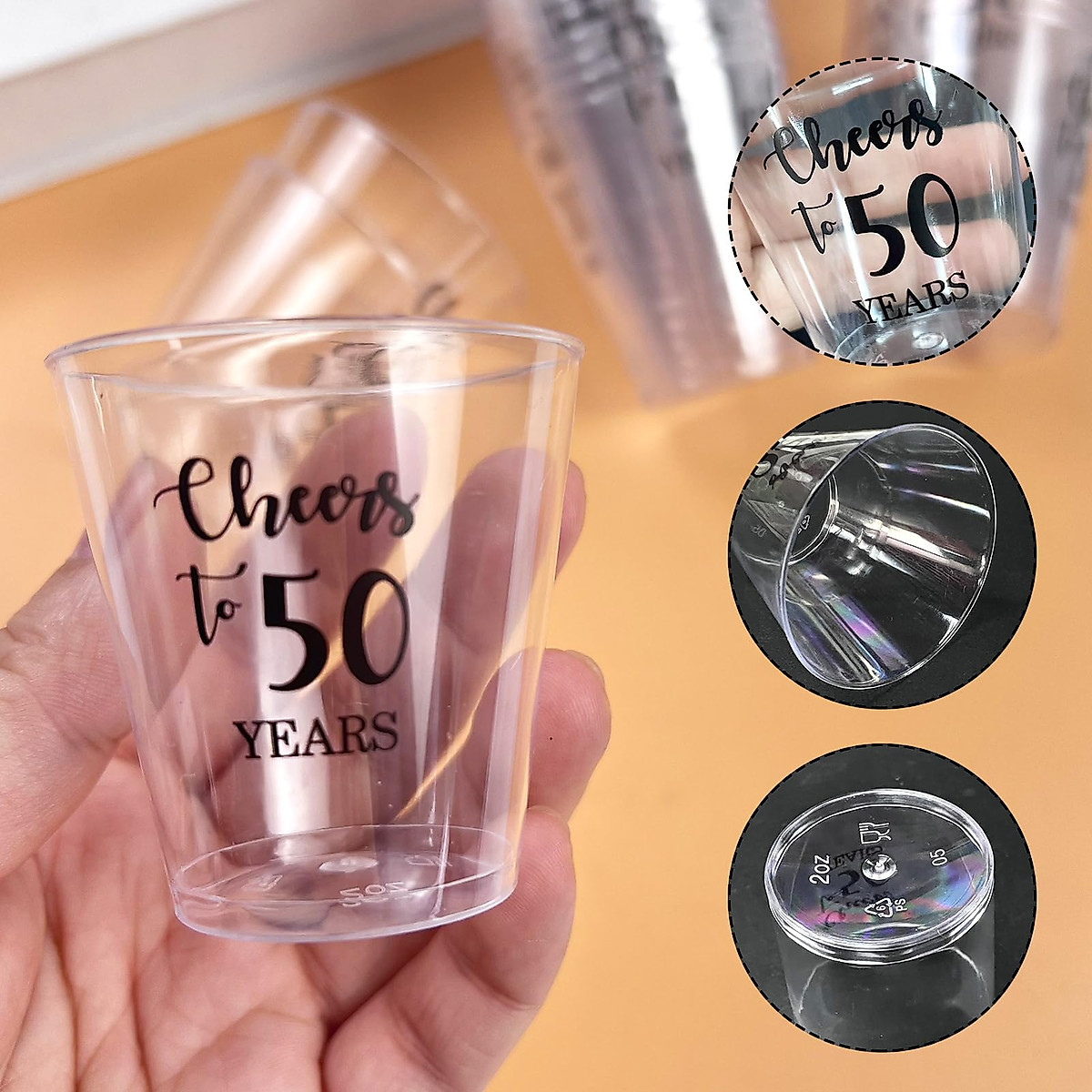 100 Pack Cheers to 50 Years Shot Glasses 2 oz Hard Plastic Disposable Cups, 50th Party Favors Small Clear Tasting Cups for Wine Whiskey for Women Men Wedding Anniversary