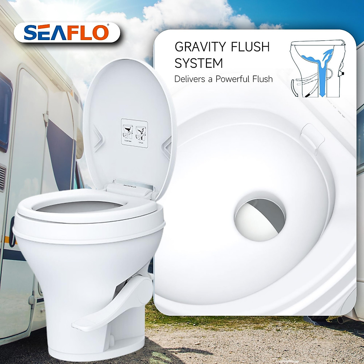 SEAFLO Residential Height Camper/RV Toilet, 18.5” Standard Height, Gravity Flush System, Foot Pedal Operation, Soft Close Seat, Easy-to-Clean Oversized Bowl, 4-Year Warranty
