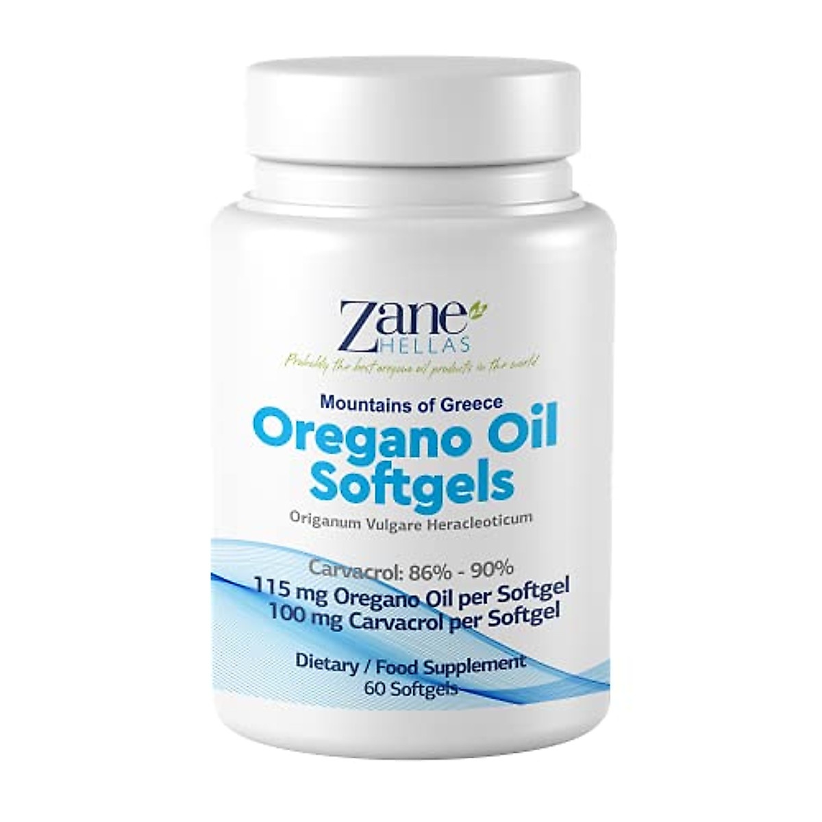 Zane Hellas Oregano Oil Softgels. Extra Strength. Every Softgel Contains 20% Greek Essential Oil of Oregano. 100 mg Carvacrol per Softgel. 60 Softgels.