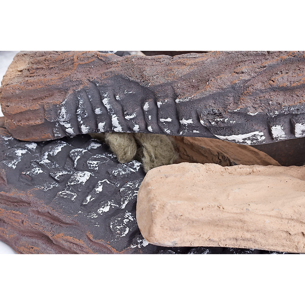 Chesio Ceramic Fire Log Set - 10 Piece Indoor Fireplace Logs - Complete with Rockwool Glowing Embers