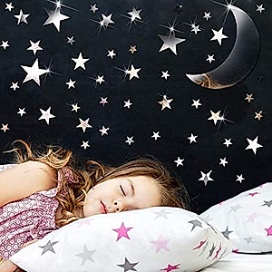Zonon 61 Pieces Acrylic Star Mirror Wall Stickers Moon Stars Wall Decal Silver Mirror Sticker Decors Removable Star Mirror Stickers for Kids Boy Girls Baby Room Good Night House Nursery Home Bedroom