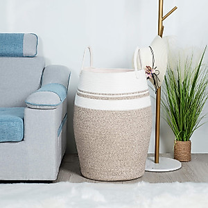 MINTWOOD Design Extra Large 25.6 Inches High Decorative Woven Cotton Rope Basket, Tall Laundry Hamper with Handles, Blanket Basket Living Room, Storage Baskets for Toys, Throws, Pillow, Towel, Brown