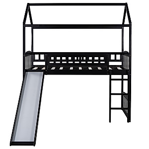 Harper & Bright Designs Twin Loft Bed with Slide, Solid Wood House Loft Bed with Ladder, Playhouse Bed for Kids Girls Boys (Espresso)